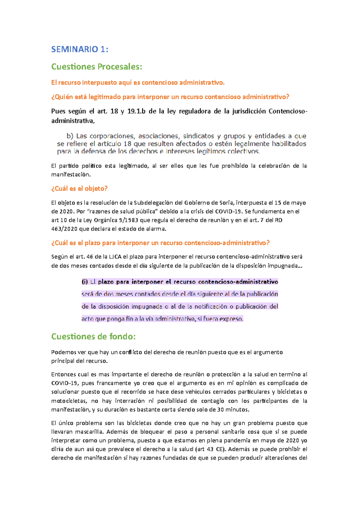 Seminario 1 FDA - SEMINARIO 1: Cuestiones Procesales: El recurso ...