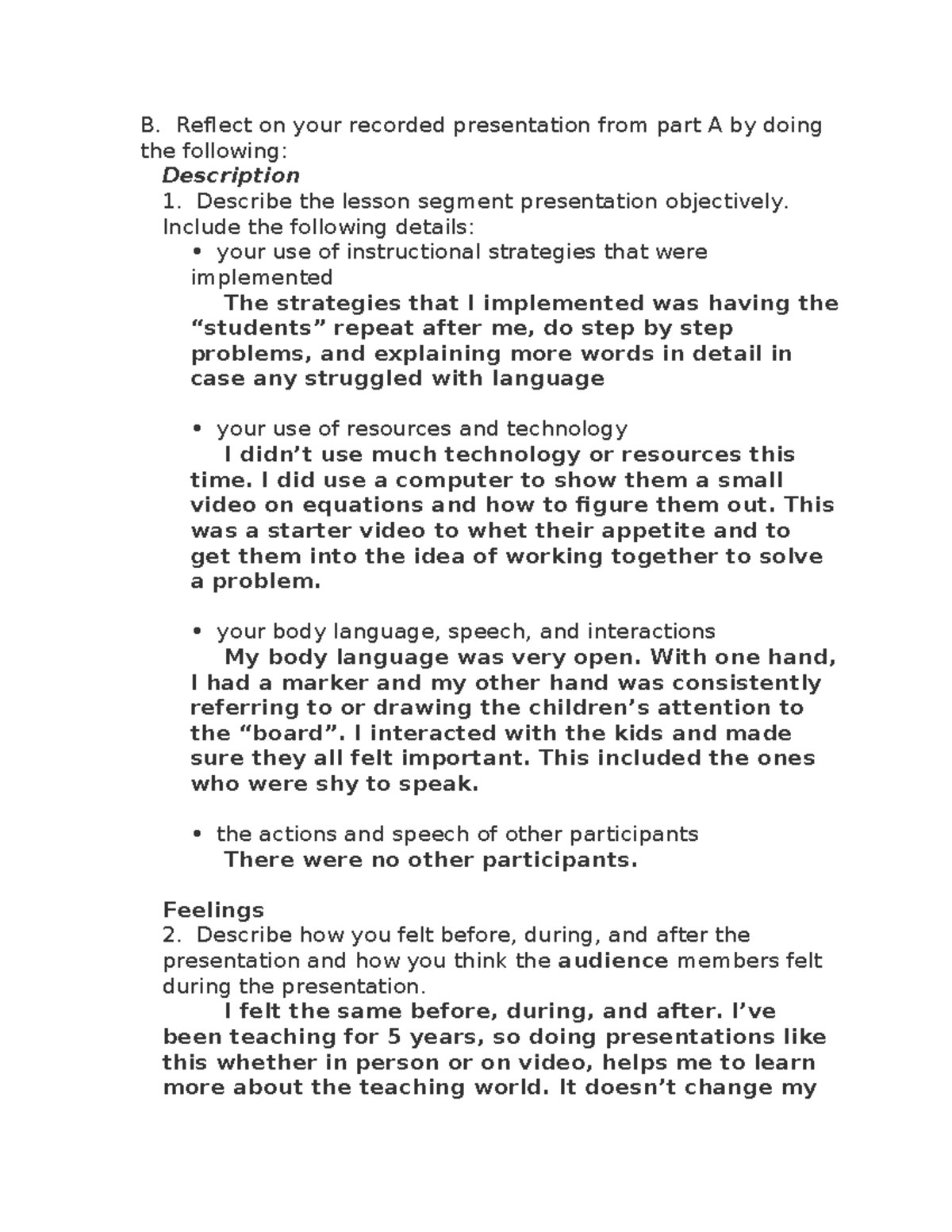 WGU Task 4 - This is an assignment - B. Reflect on your recorded ...