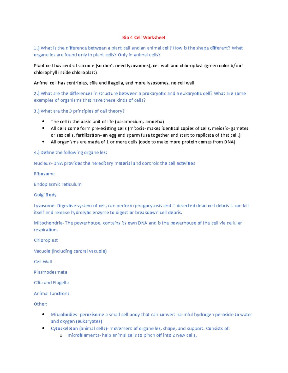 Bio 4 Cell Worksheet (Lecture notes) - Bio 4 Cell Worksheet 1.) What is ...