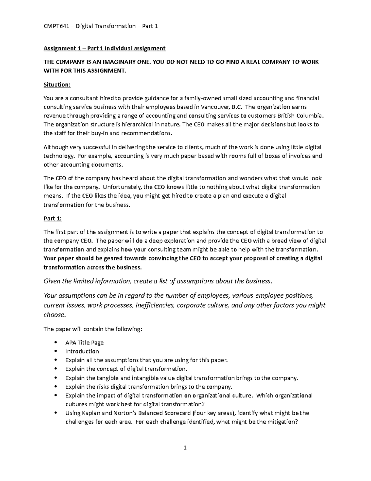 Assignment 1 Part 1 Cmpt641 Assignment 1 Part 1 Individual Assignment The Company Is An