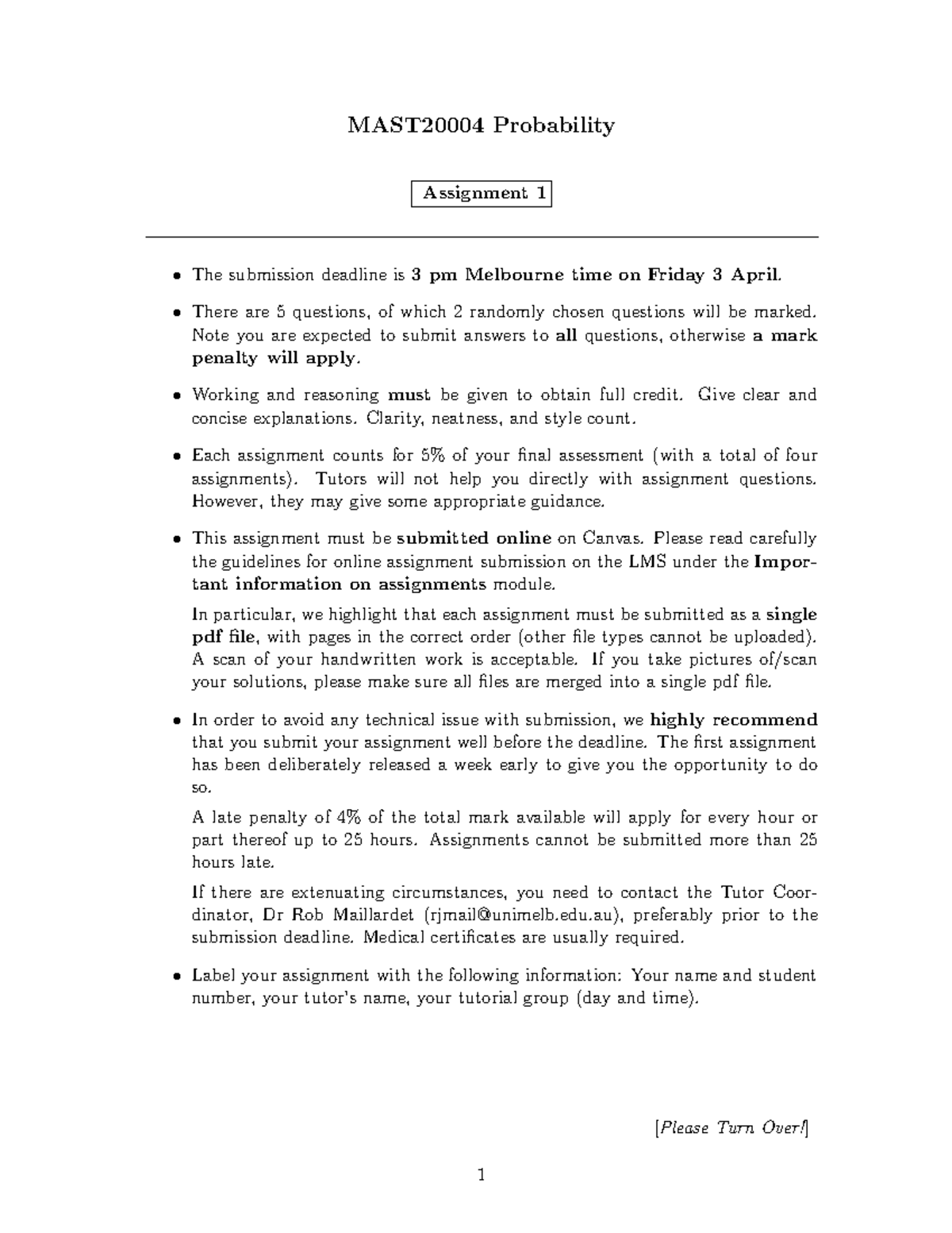MAST2000 4 2020 Assign 1 - MAST20004 Probability Assignment 1 The ...