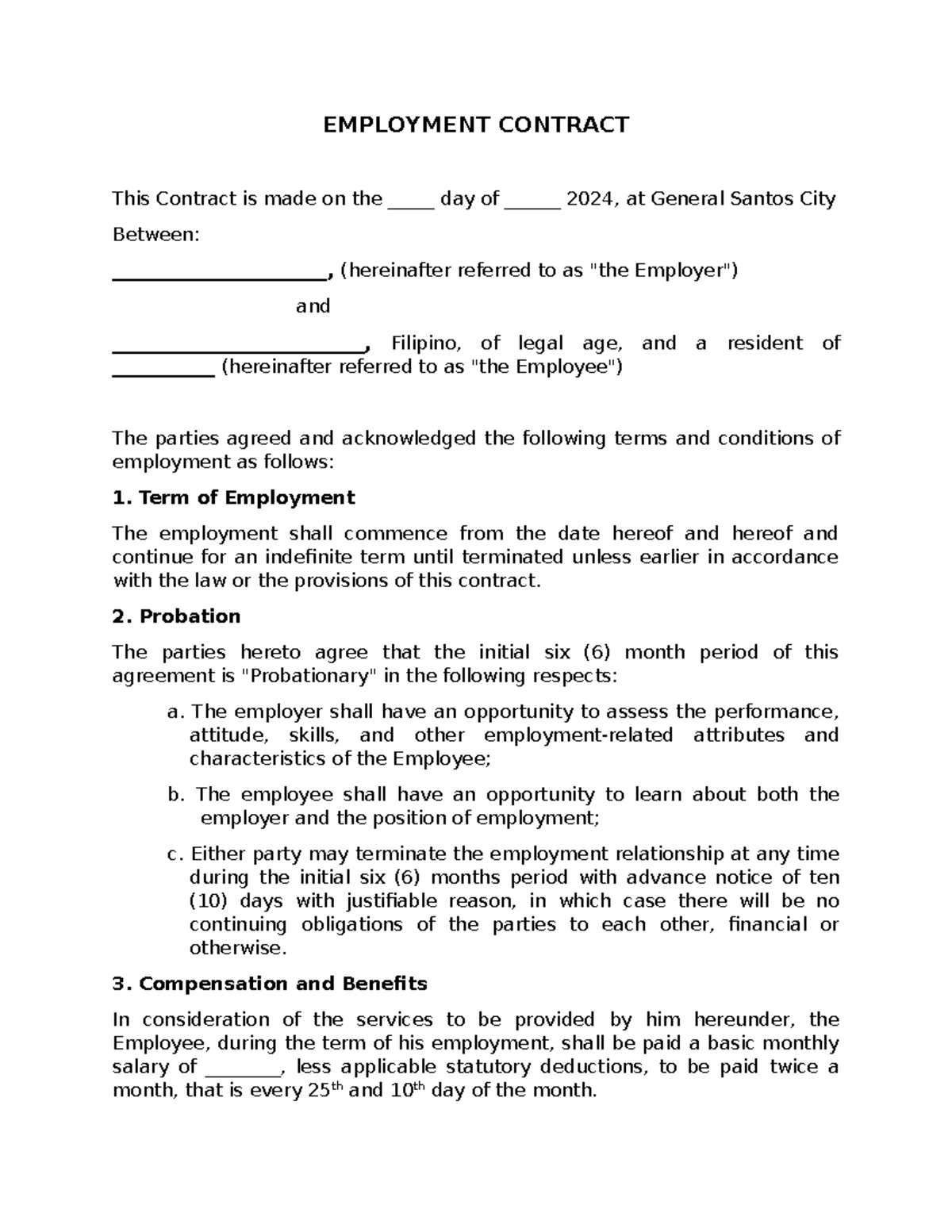 Employment Contract - EMPLOYMENT CONTRACT This Contract is made on the ...