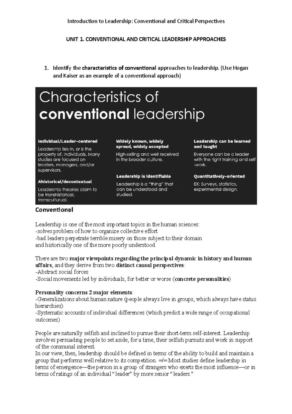 Leadership Worksheets - UNIT 1. CONVENTIONAL AND CRITICAL LEADERSHIP ...