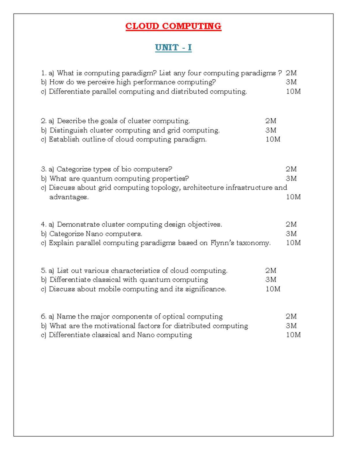 CC UNIT- 1 Question Bank Answers - CLOUD COMPUTING UNIT - I a) What is computing paradigm? List ...