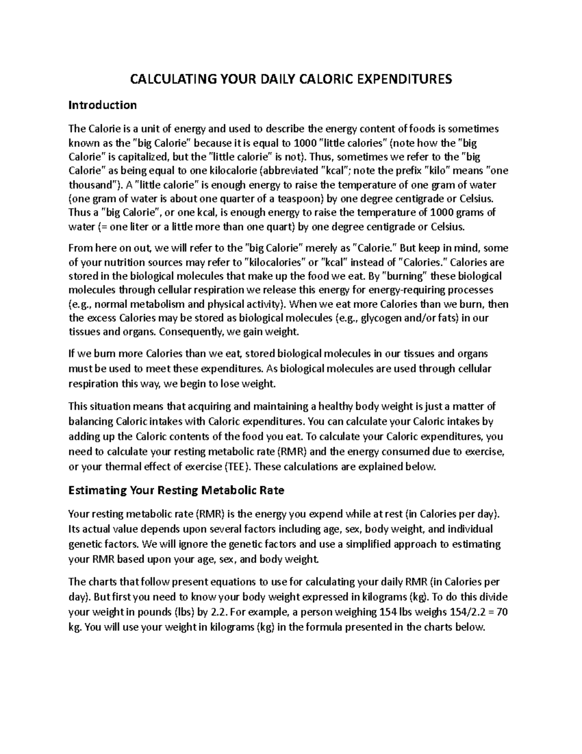 Calculating YOUR Daily Caloric Expenditures - NFS 131.00 - Hunter ...