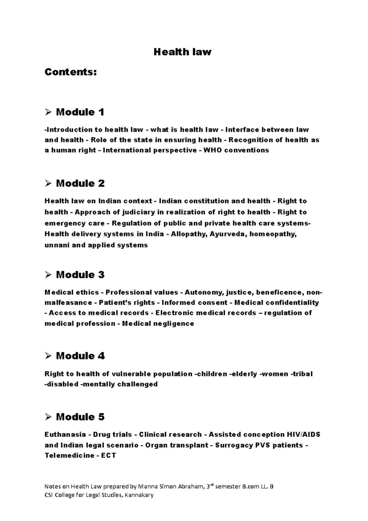 Health law notes - Health law Contents: Module 1 -Introduction to ...