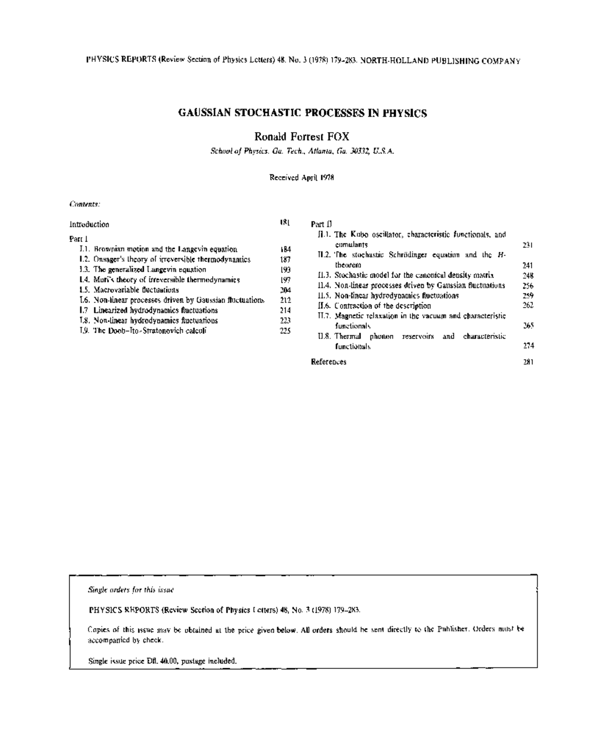 Gaussian Stochastic Processes In Physics Physics Reports Review Section Of Physics Letters