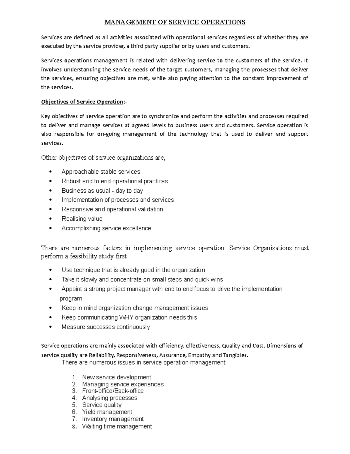 Service Operations - MANAGEMENT OF SERVICE OPERATIONS Services are ...
