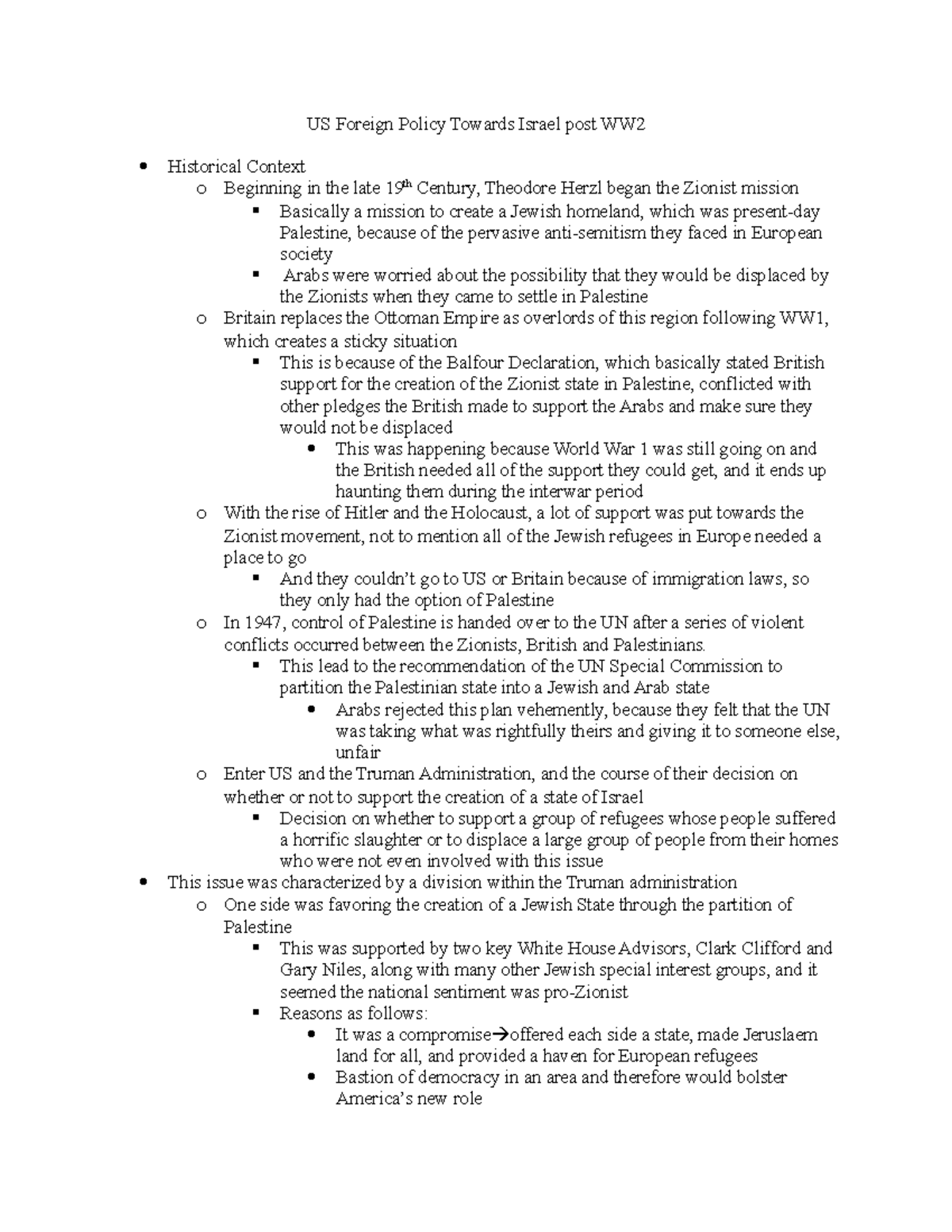 US Foreign Policy Towards Israel post WW2 - This lead to the ...