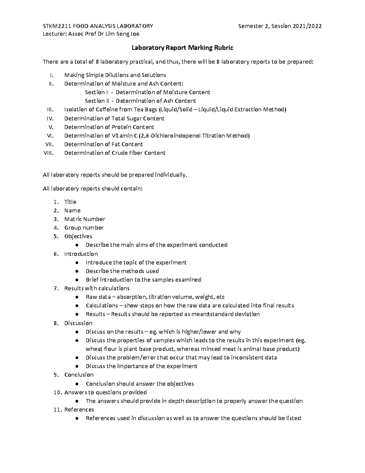 Laboratory report rubric - STKM2211 FOOD ANALYSIS LABORATORY Semester 2 ...