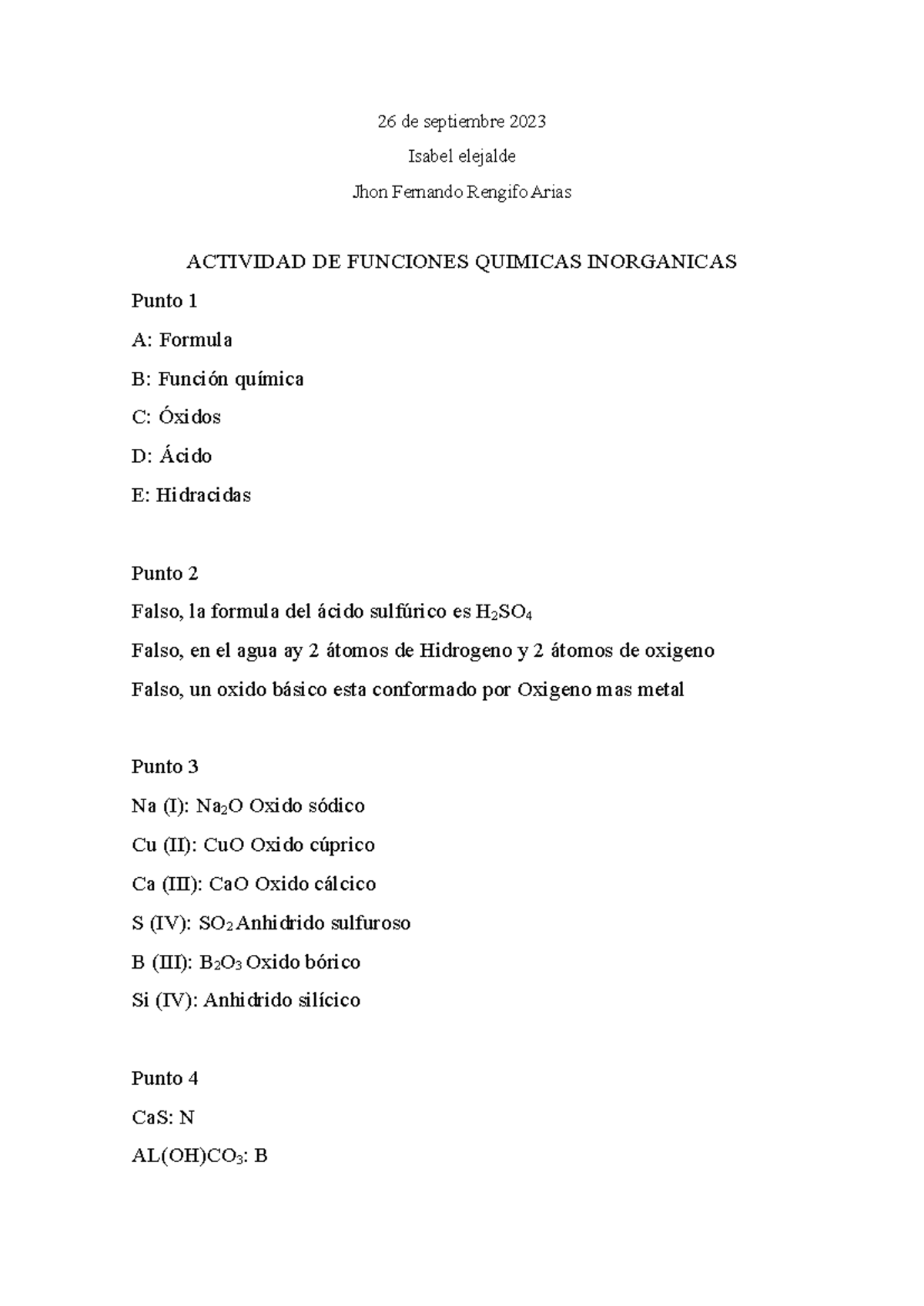 Trabajo química isabel elejalde-Jhon Rengifo - 26 de septiembre 2023 ...