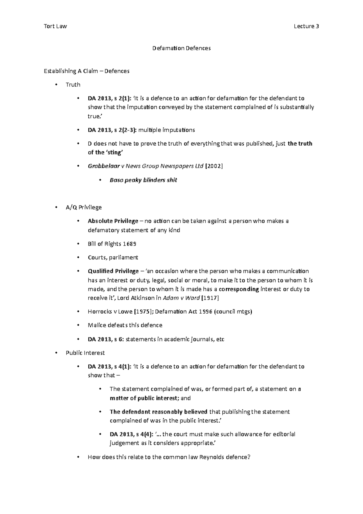 Defamation Defences - Lecture notes 2 - Defamaion Defences Establishing ...