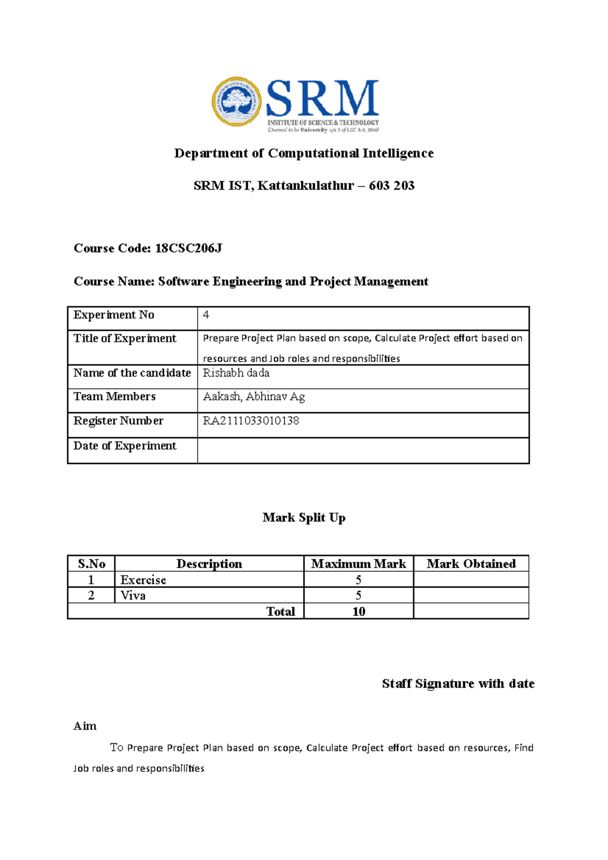 18CSC206J SEPM Ex 4 - Sepm ex4 - Department of Computational Intelligence SRM IST ...