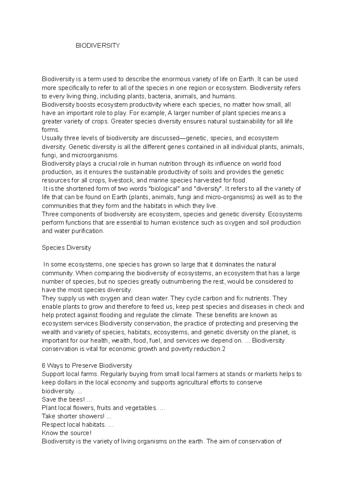 Biodiversity - BIODIVERSITY Biodiversity is a term used to describe the ...