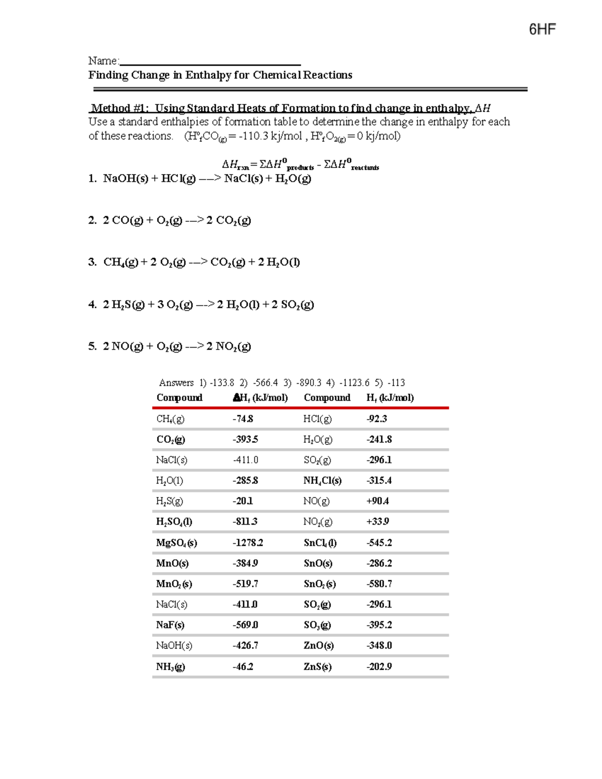 6HF - Finding Change in Enthalpy for Chemical Reactions - Finding ...