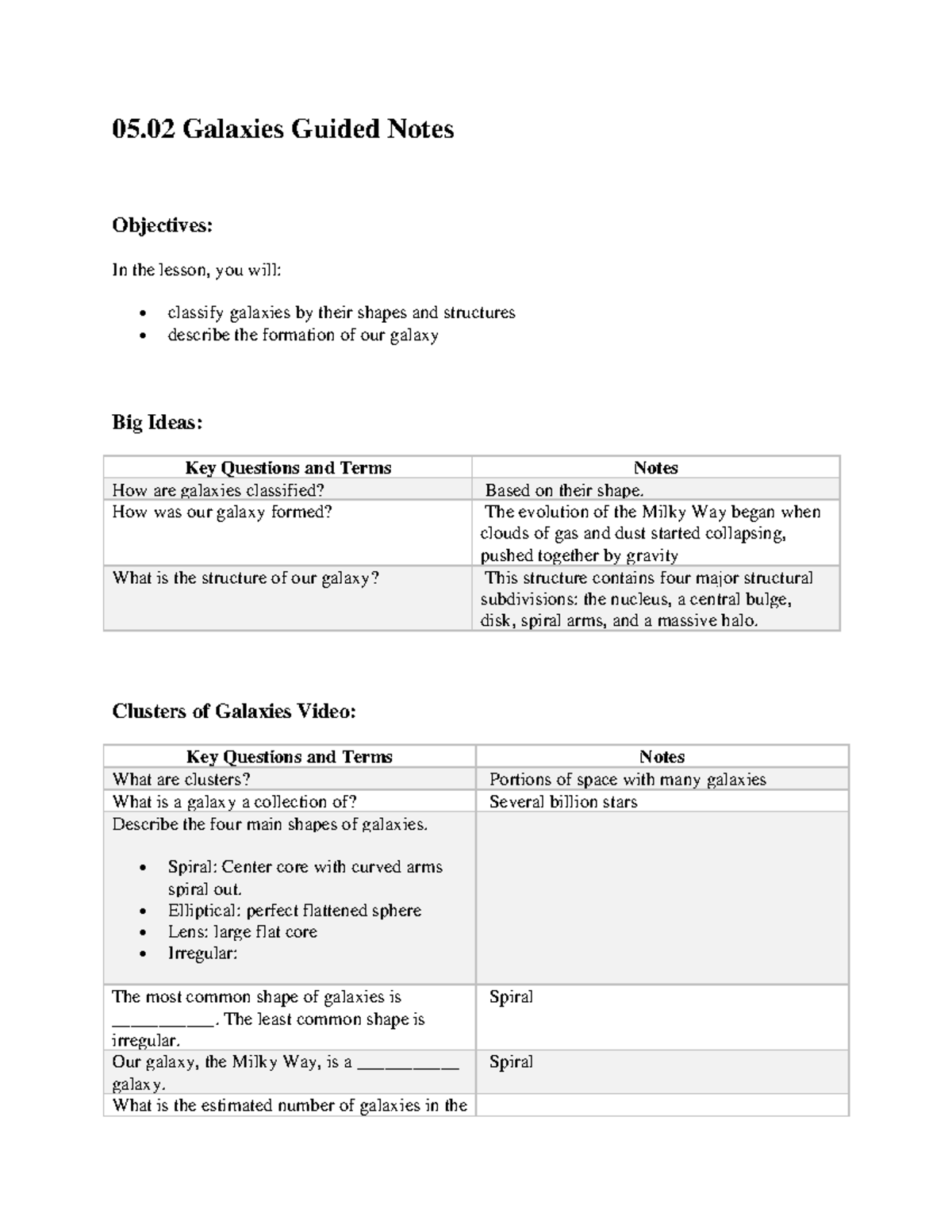 05 02 notes - 05 Galaxies Guided Notes Objectives: In the lesson, you ...