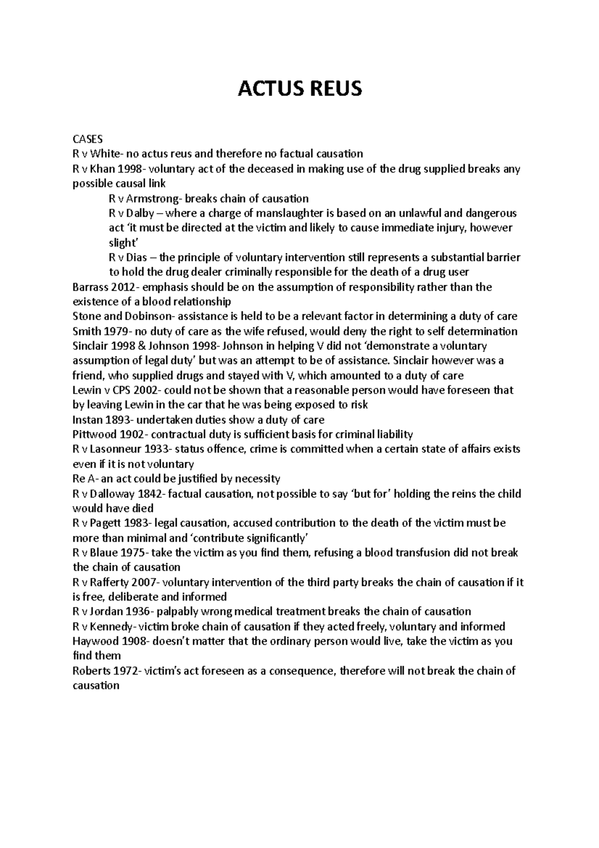 Actus Reus- Revision Notes - ACTUS REUS CASES R v White- no actus reus ...