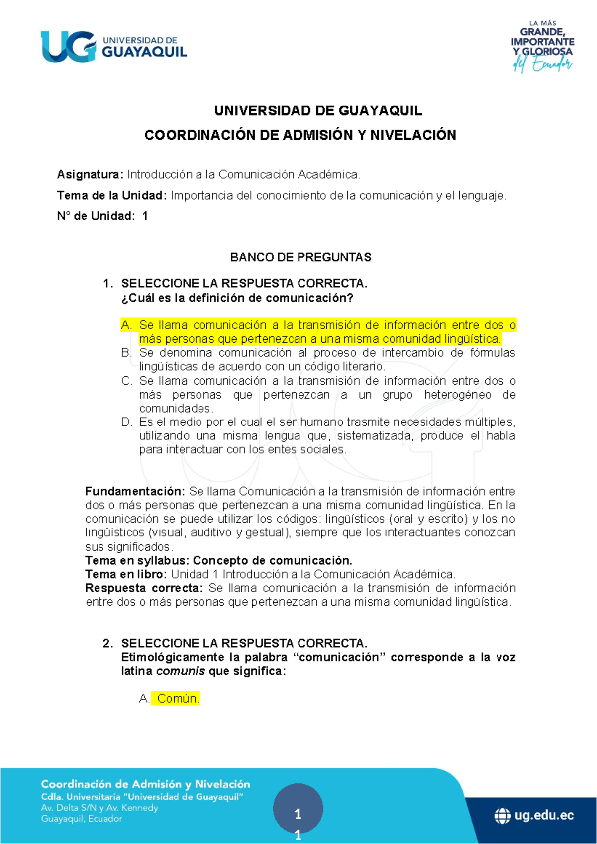 Leccion-U2- Semana 3 - Temas de lección - 1 UNIVERSIDAD DE GUAYAQUIL COORDINACIÓN DE ADMISIÓN Y ...