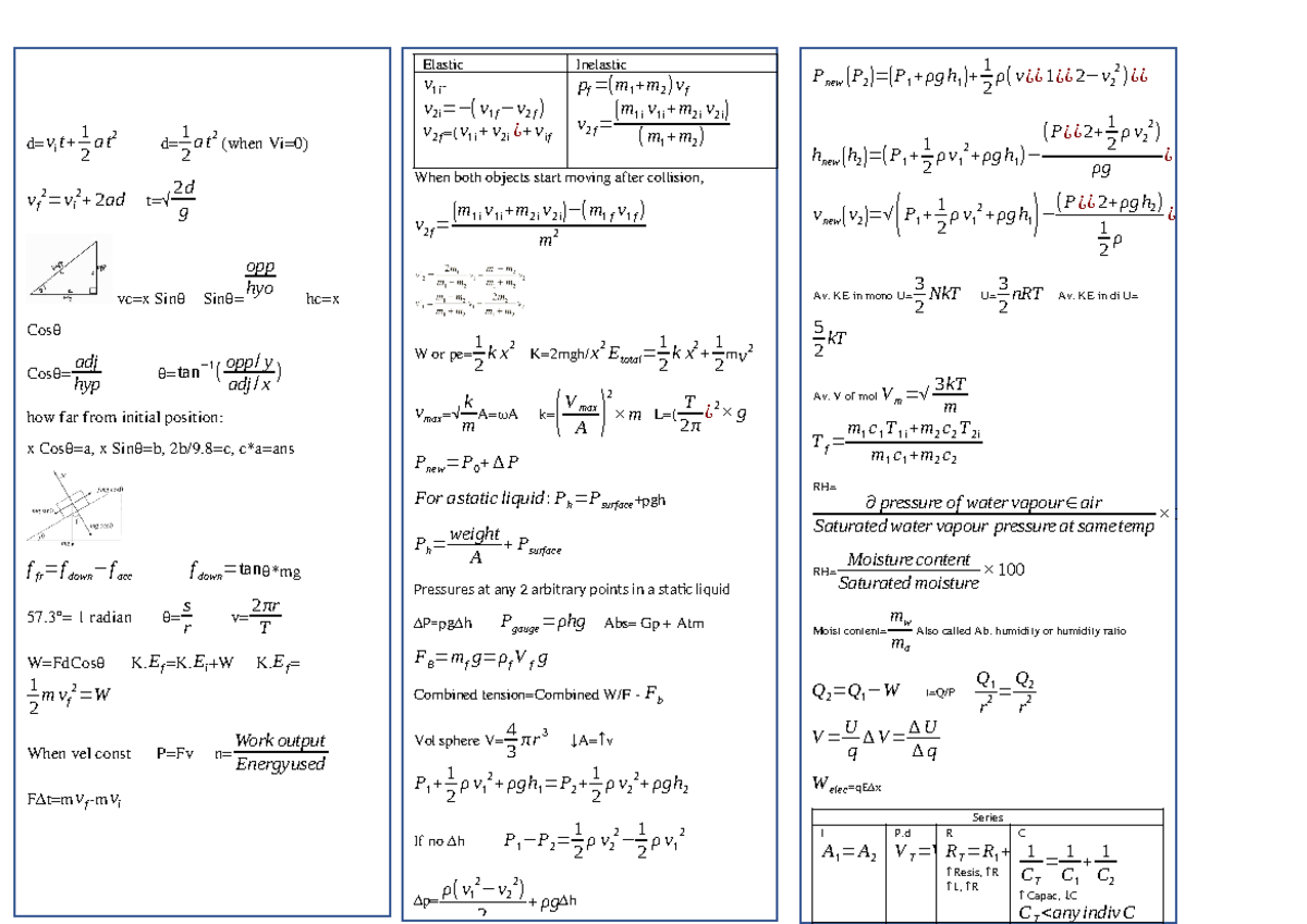 Physi 191 Cheat Sheet - d= vi t+ 1 2 a t 2 ####### d= 1 2 a t 2 ####### (when Vi=0) vf 2 =vi 2 ...
