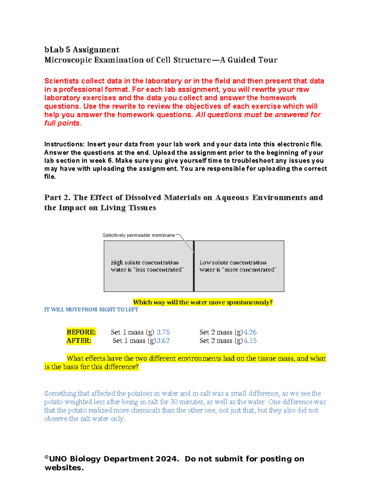 Lab 5 Assignment Spring 24-1 - bLab 5 Assignment Microscopic Examination of Cell Structure—A ...