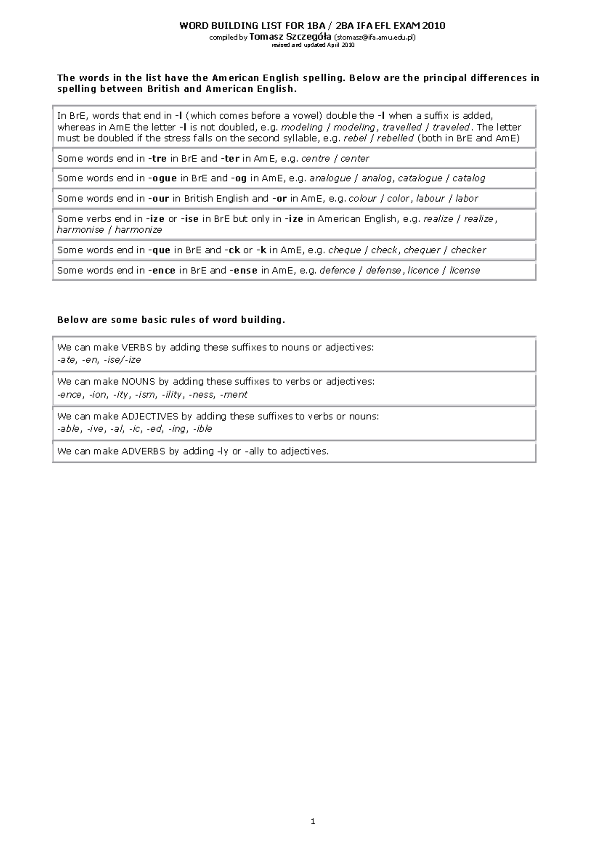 WORD Formation LIST EFL EXAM - CLA B2 Inglese - UniVr - Studocu