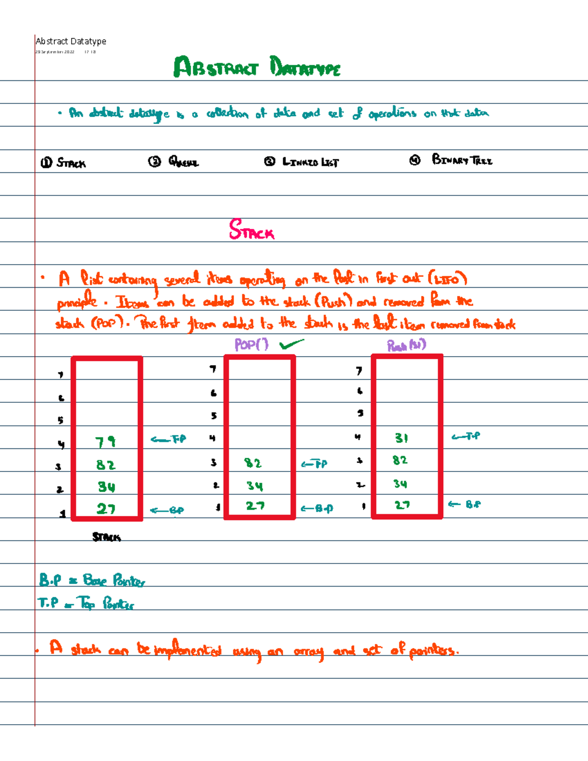 Abstract Data Type Notes - Abstract Datatype 29 September 2022 17:18 ...