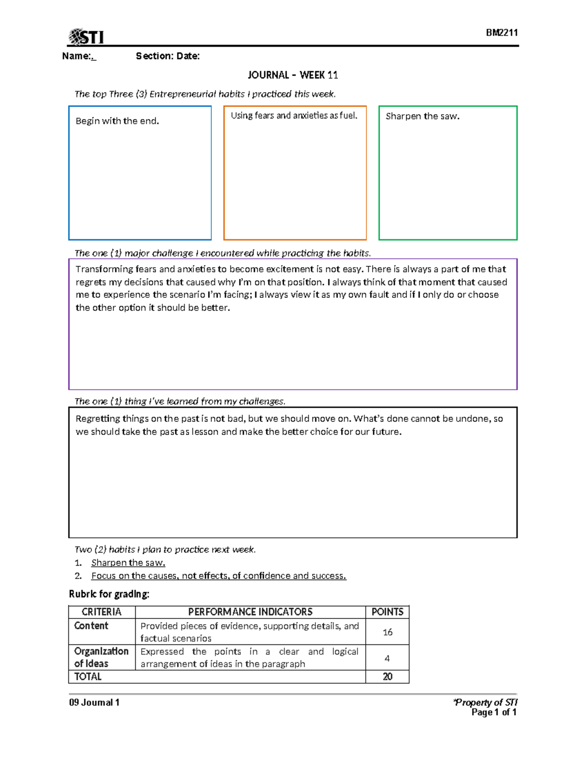 09 Journal 1 - assignment - Name:. Section: Date: JOURNAL – WEEK 11 The ...