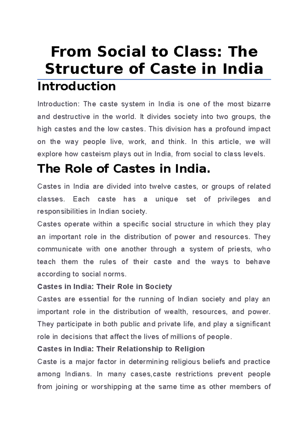 From Social to Class, The Structure of Caste in India - From Social to ...