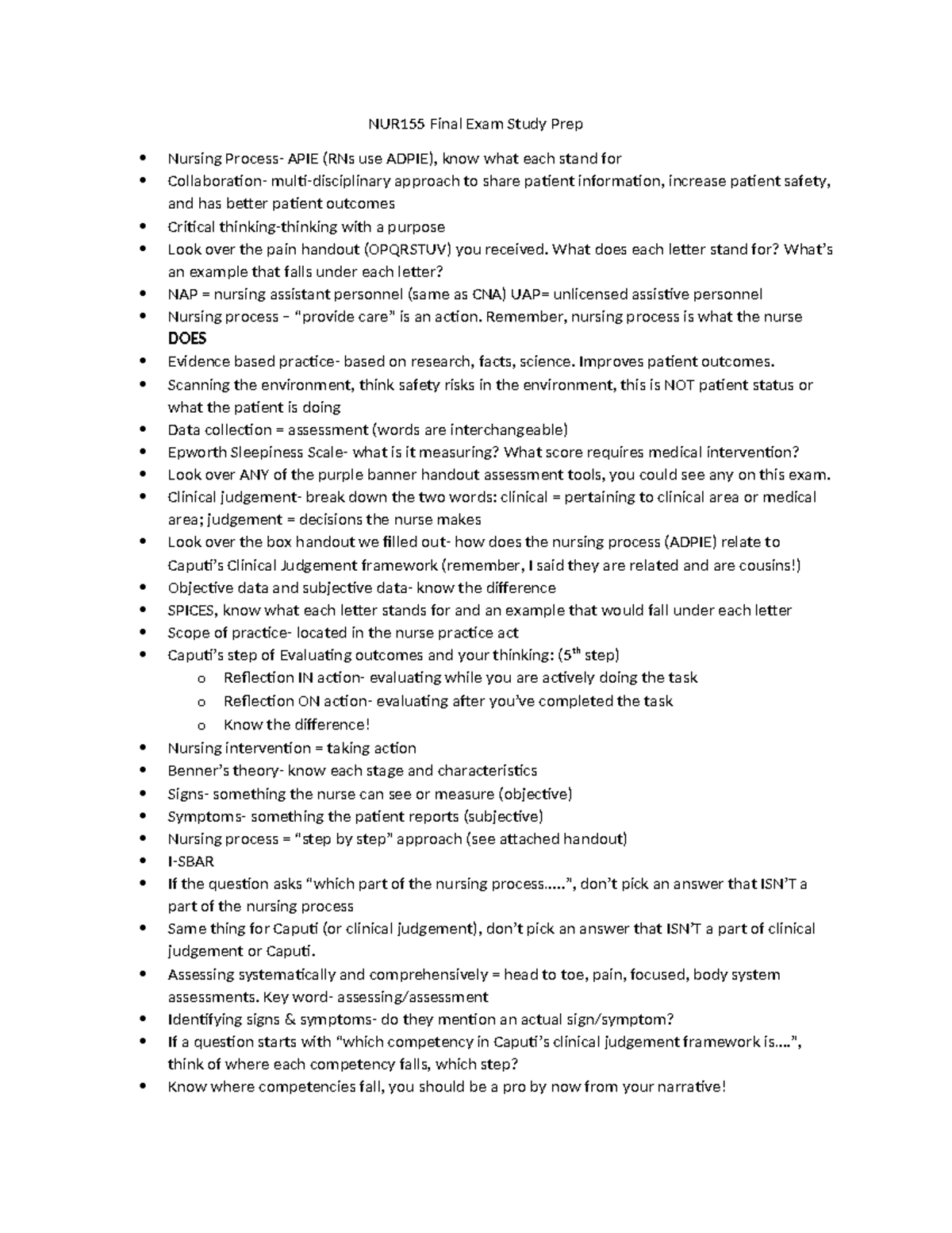 NUR155 Final Exam Study Prep - What does each letter stand for? What’s ...