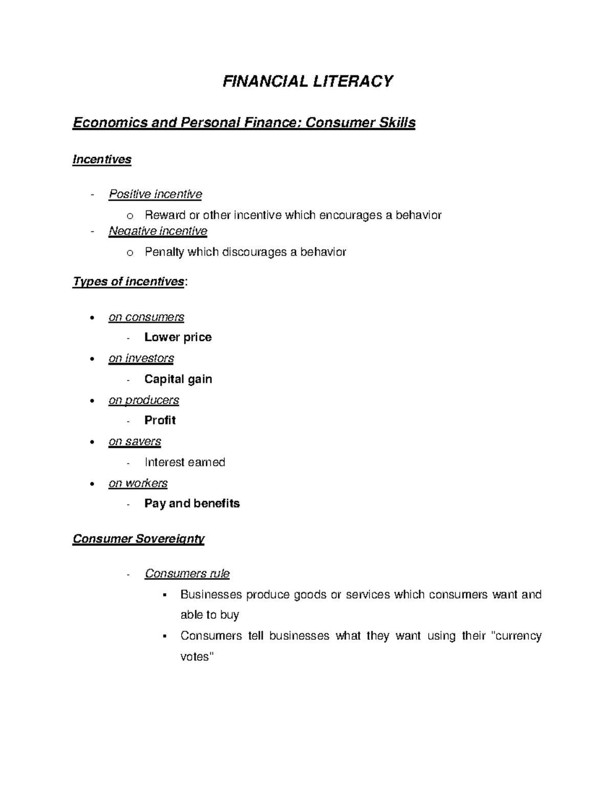 Economics and Personal Finance Consumer Skills - FINANCIAL LITERACY ...