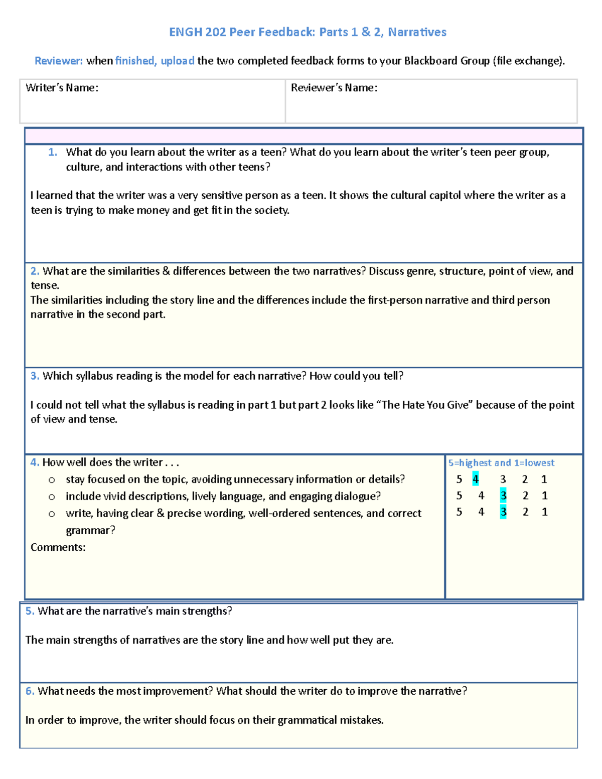 Peer Feedback Fall 2020 - ENGH 202 Peer Feedback: Parts 1 & 2 ...