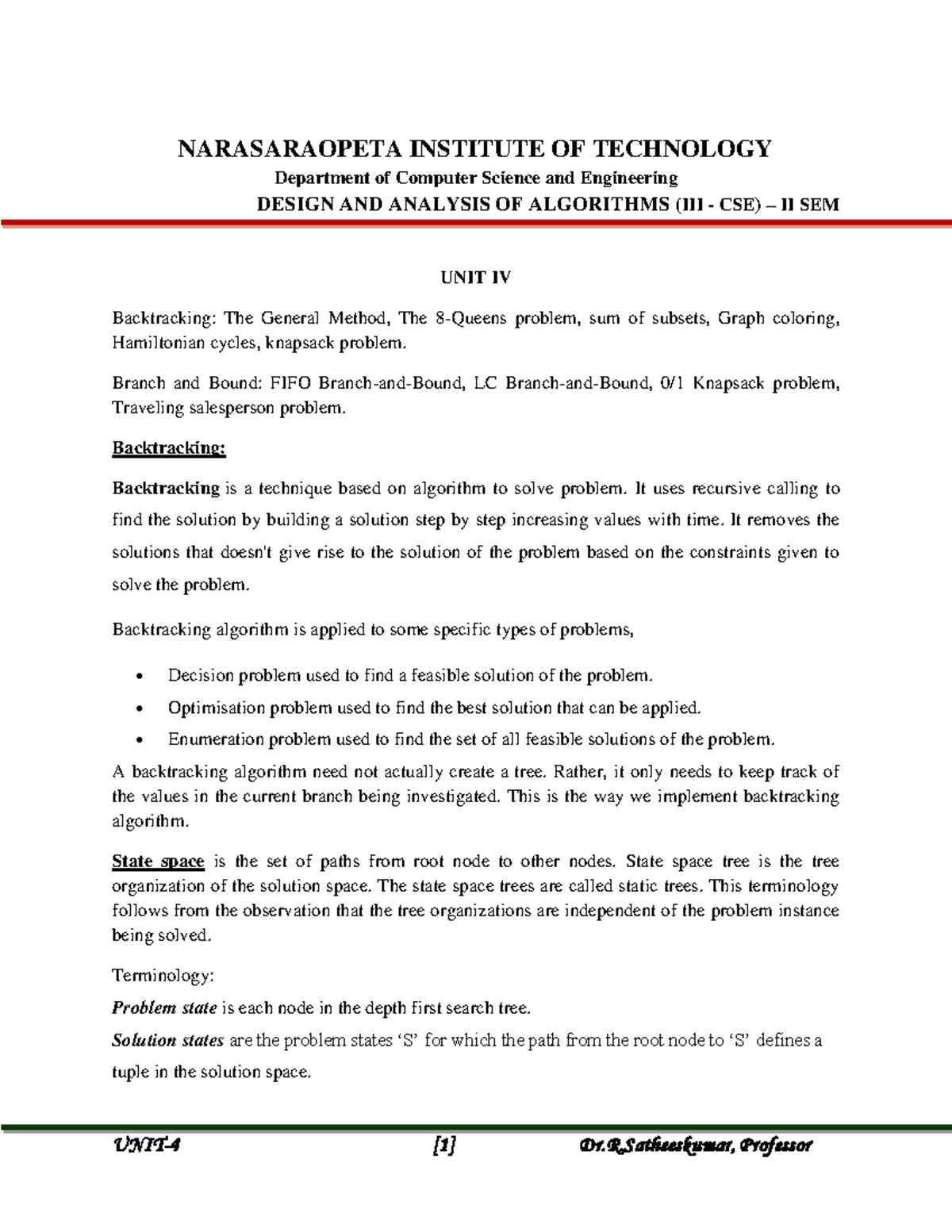DAA UNIT-4 - For semester - NARASARAOPETA INSTITUTE OF TECHNOLOGY Department of Computer Science ...