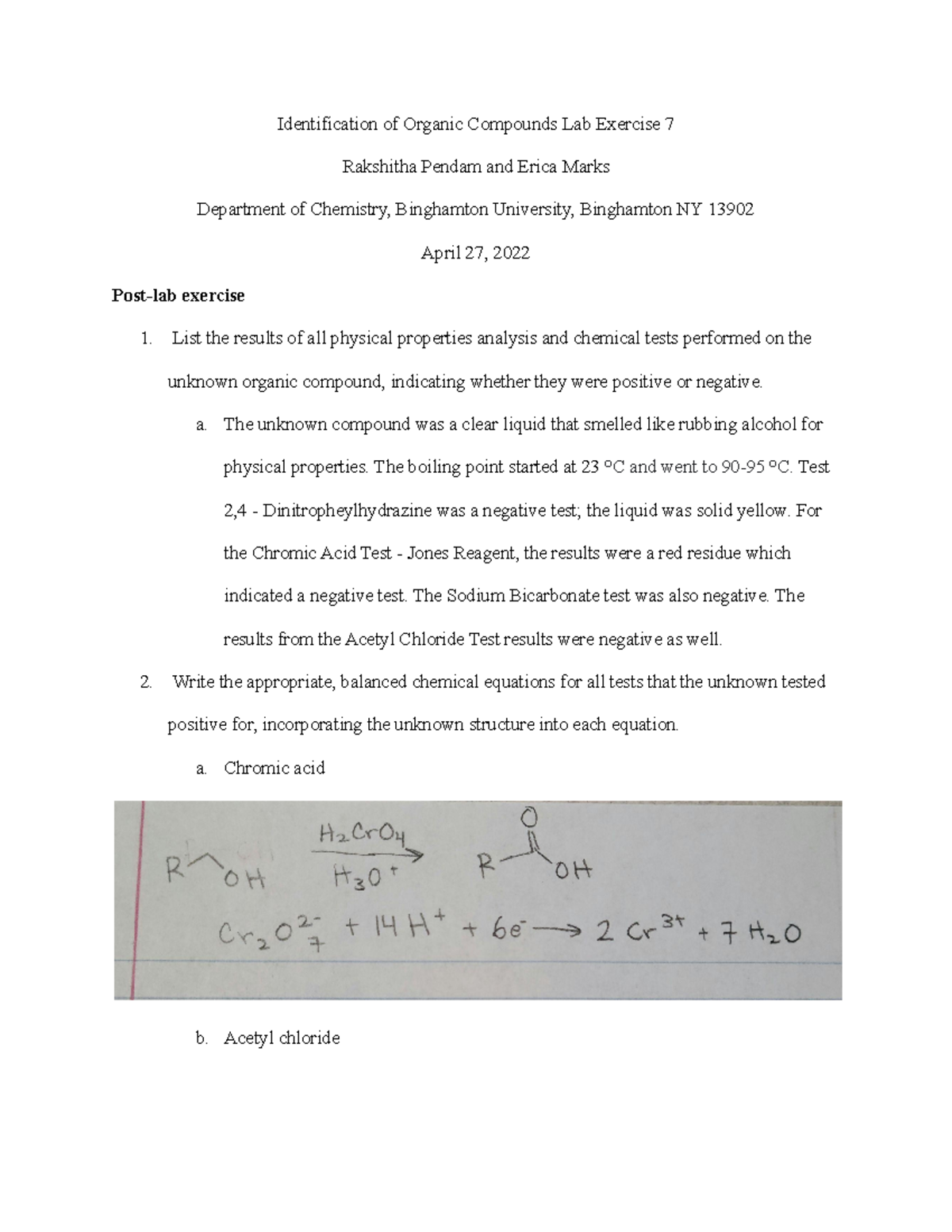 Identification of Organic Compounds Lab Exercise 7 - a. The unknown ...