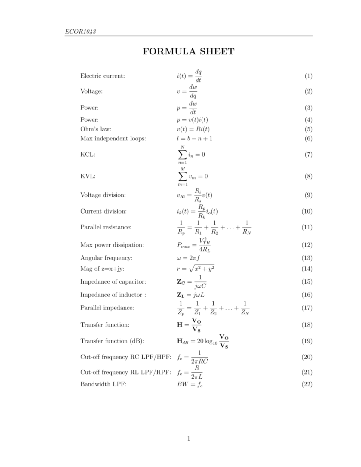 Photo - Formulas used in ECOR 1043 - ECOR 1043 - Studocu