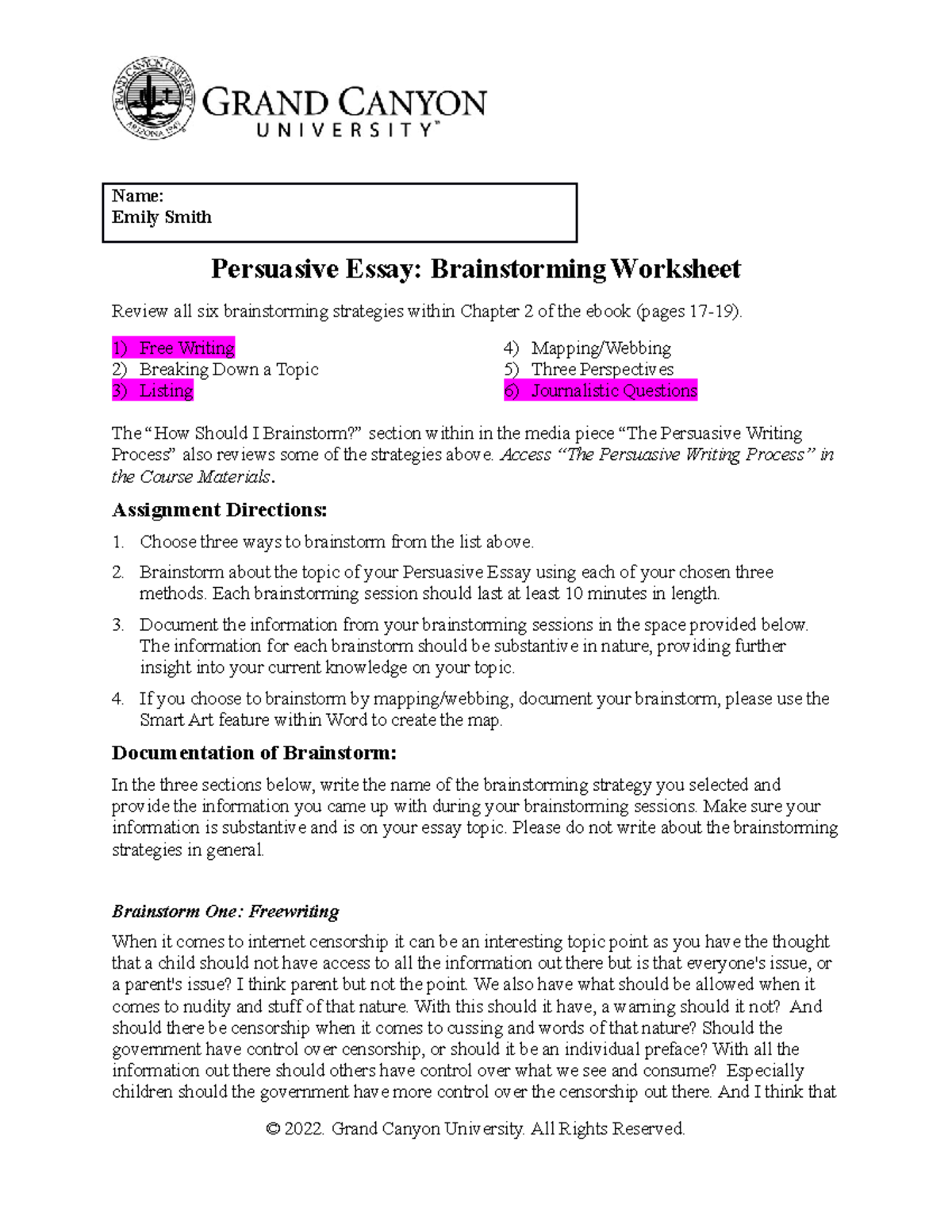 PHI105 T2 Brainstorming Worksheet - Name: Emily Smith Persuasive Essay ...