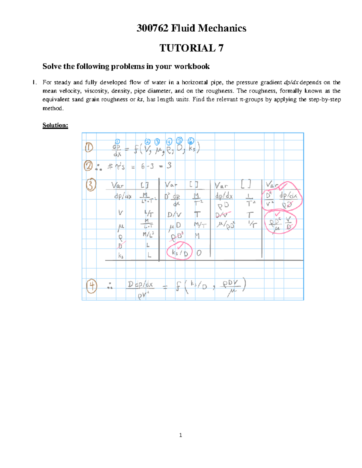 Solution of Tutorial 7 - sol - 300762 Fluid Mechanics TUTORIAL 7 Solve the following problems in ...