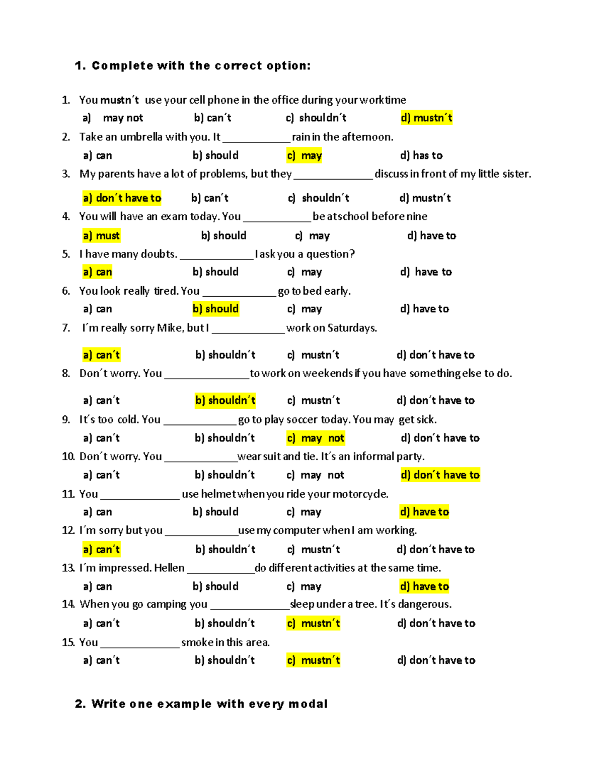 Modal Verbs Exercise - Complete with the correct option: Write one ...