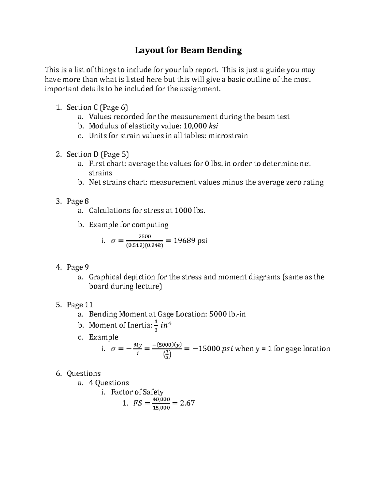 Beam Bending Layout - notes - Layout for Beam Bending This is a list of ...