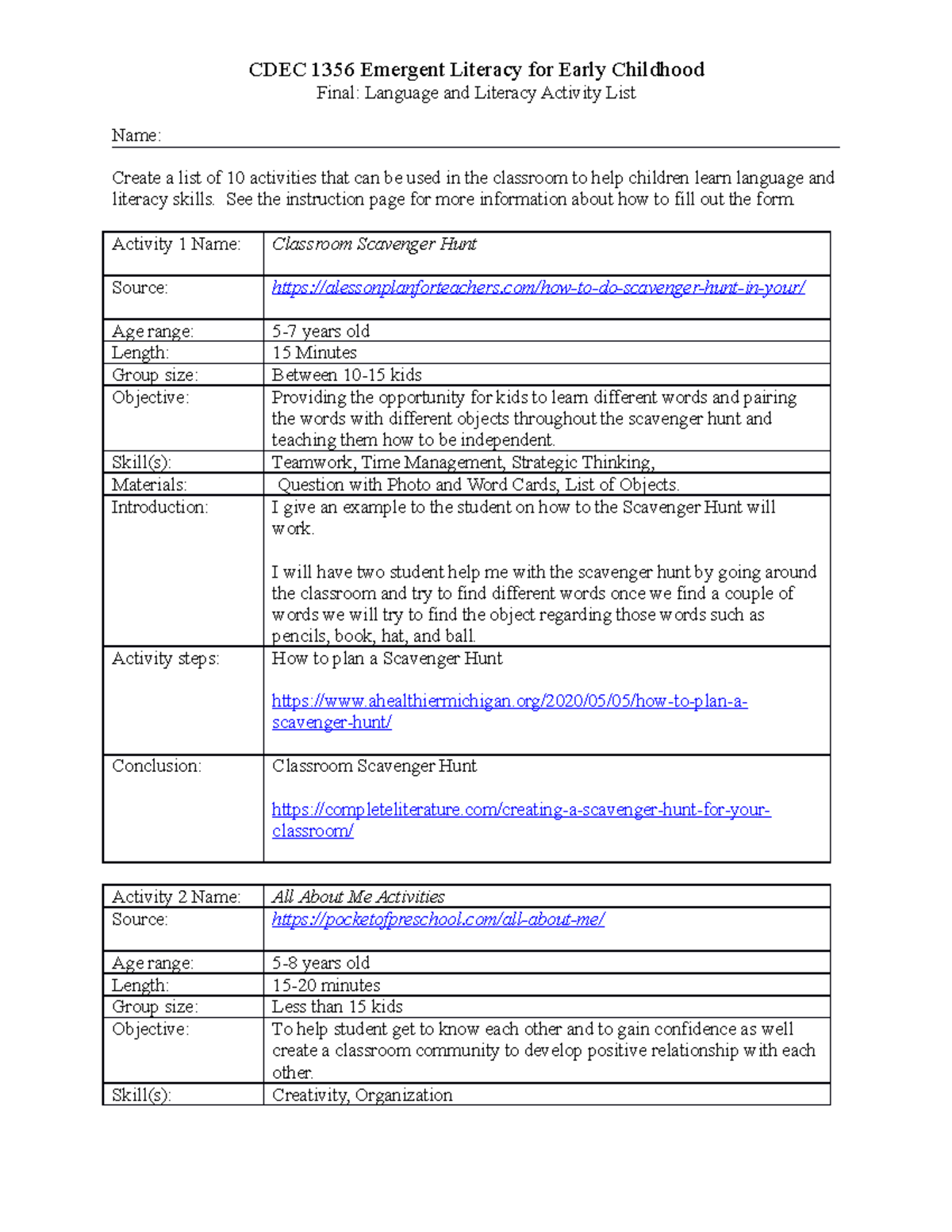 Language and Literacy Activity List(1) - Final: Language and Literacy ...