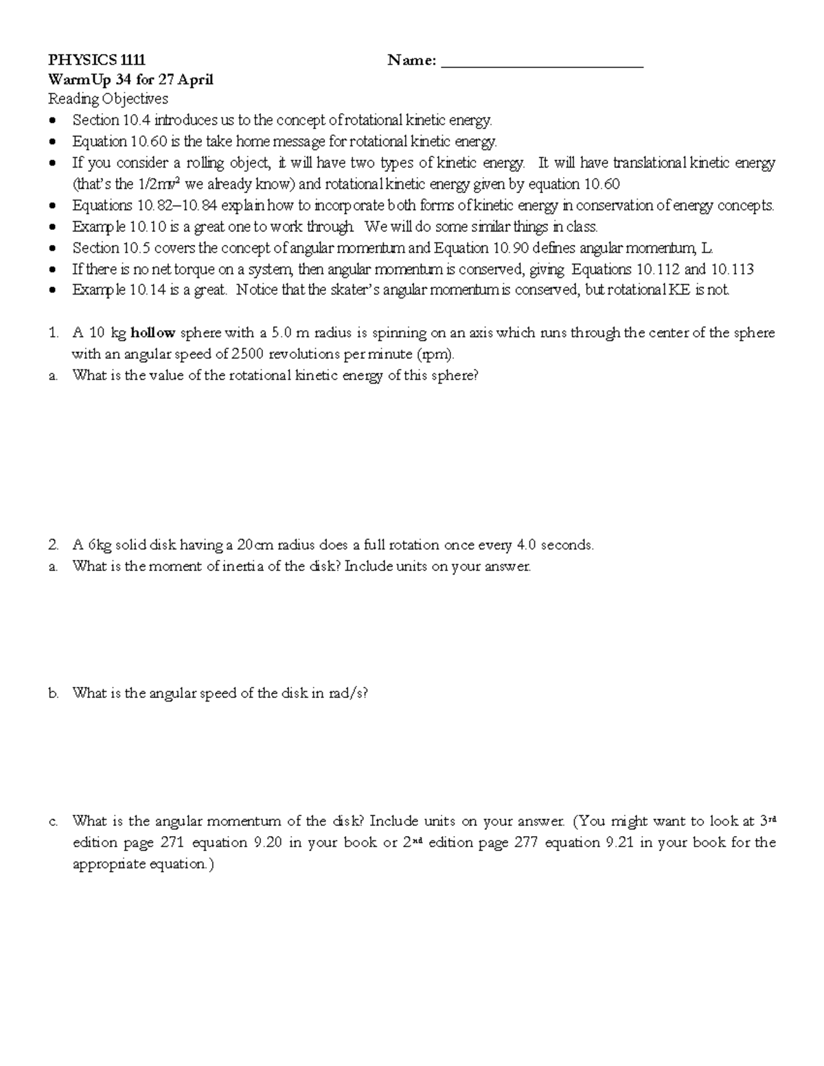WU 34 Rotational KE and Angular Momentum - PHYSICS 11 11 Name ...