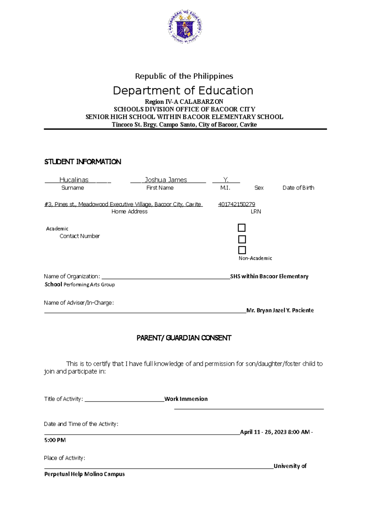Parent Consent Form for Work Immersion Perpetual 1st Batch - Republic ...