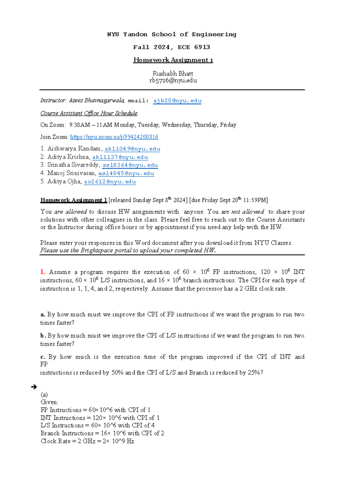 HW 1 ECE 6913 SOL - HW 1 ECE 6913 SOLUTION - NYU Tandon School of Engineering Fall 2024, ECE ...