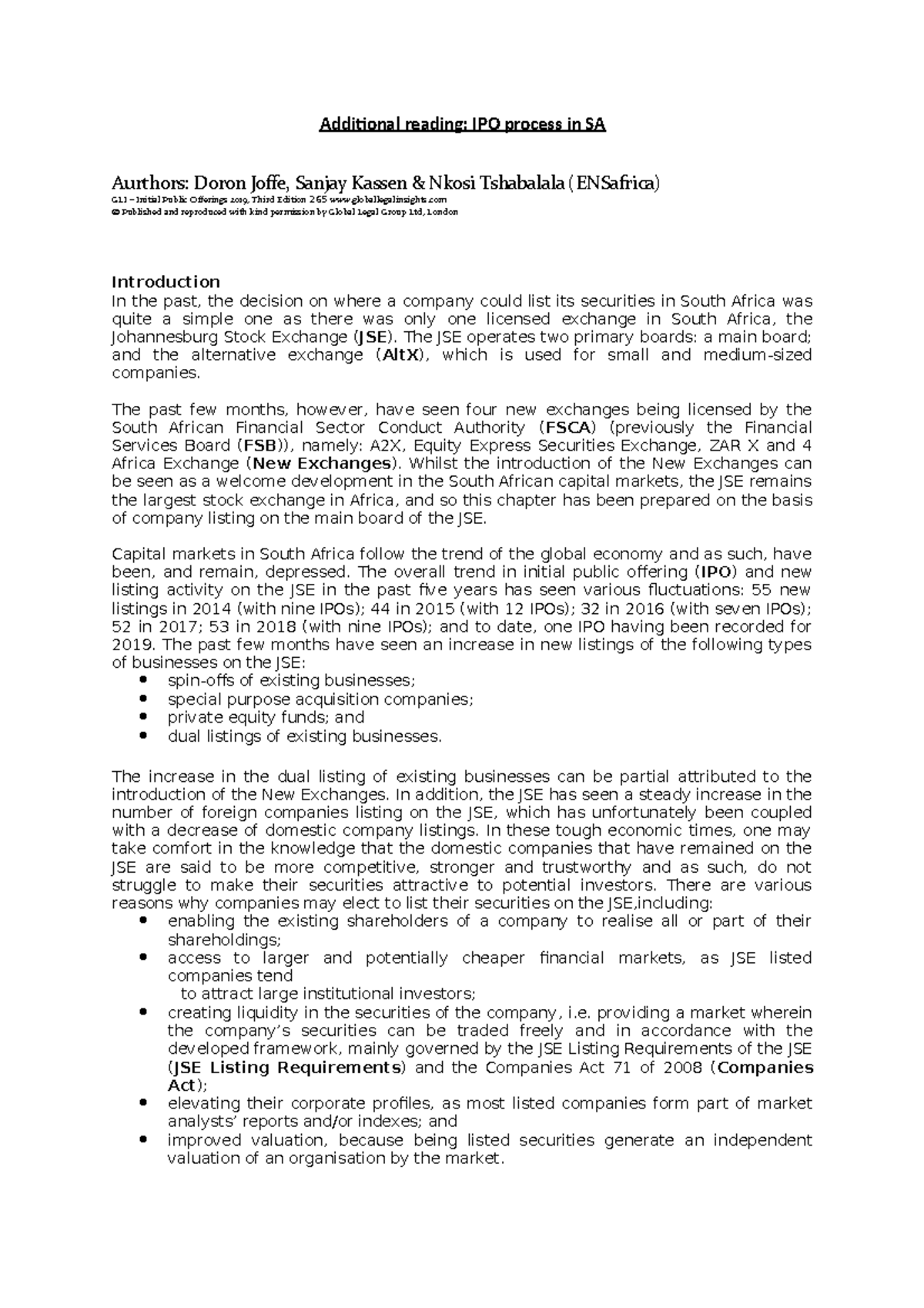 IPO additional reading - Additional reading: IPO process in SA Aurthors ...