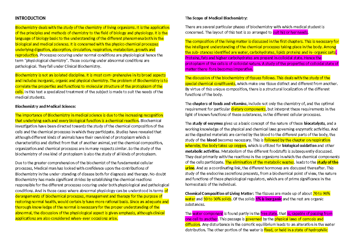 Biochemistry 1 - INTRODUCTION Biochemistry deals with the study of the ...