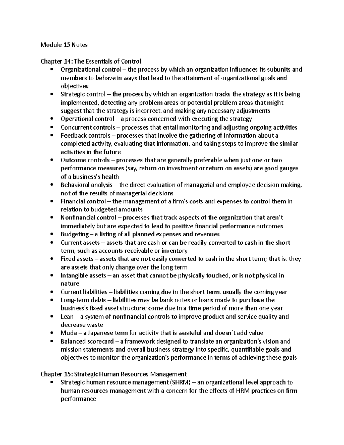 Module 15 Notes - Module 15 Notes Chapter 14: The Essentials of Control ...