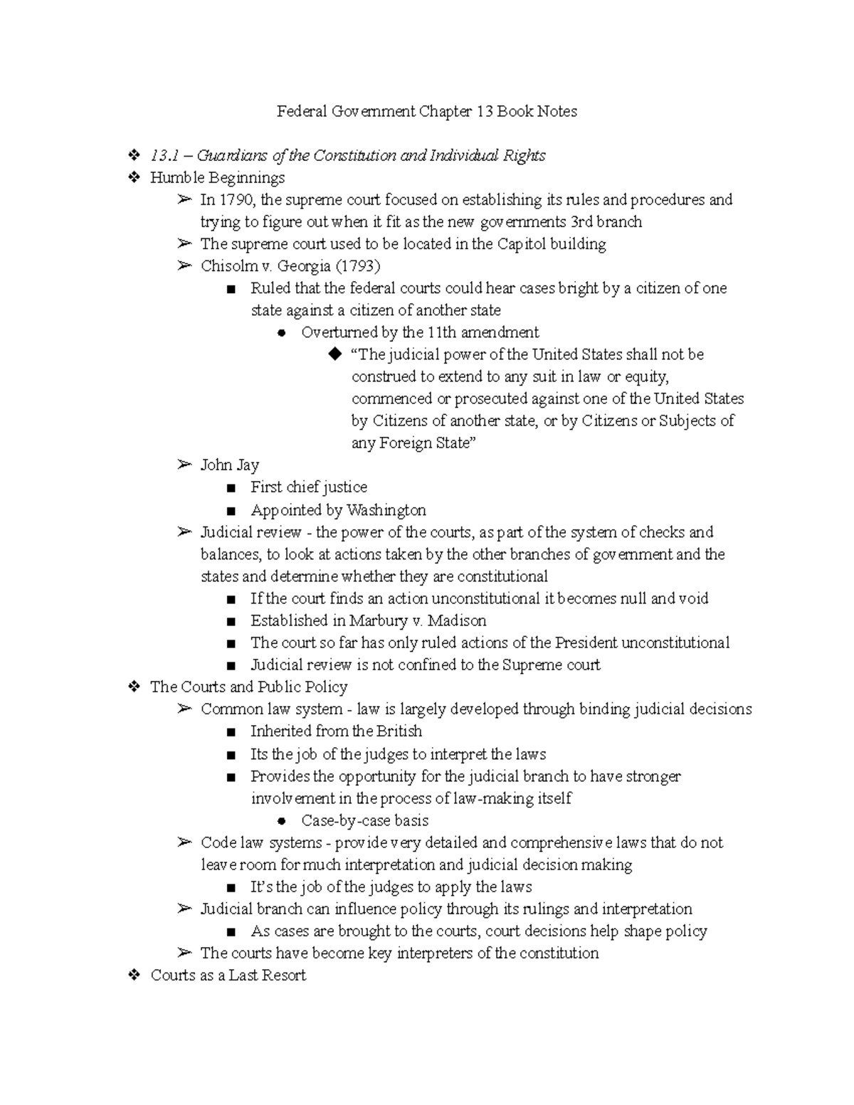Federal Government Chapter 13 Book Notes - Georgia (1793) Ruled that ...