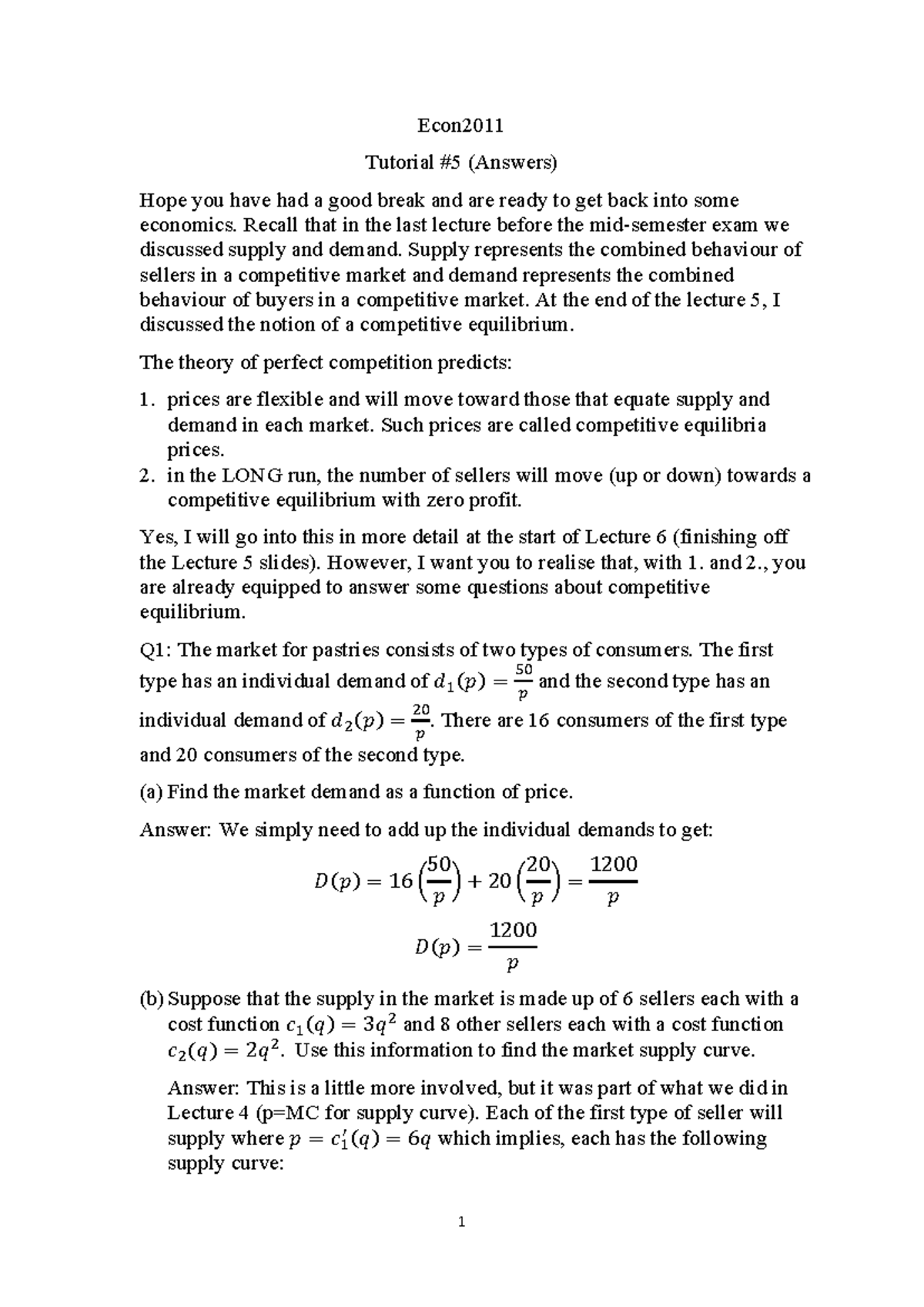 Tutorial 5 answer - tut - Econ Tutorial #5 (Answers) Hope you have had ...