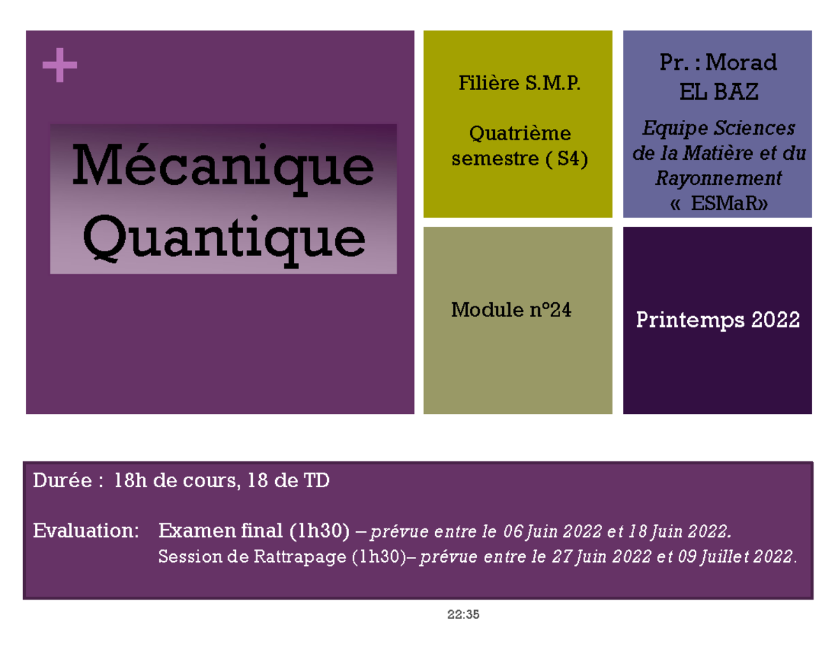Chapitre-01 - chapitre 01 algorithmique - + Mécanique Quantique Filière S.M. Quatrième semestre ...