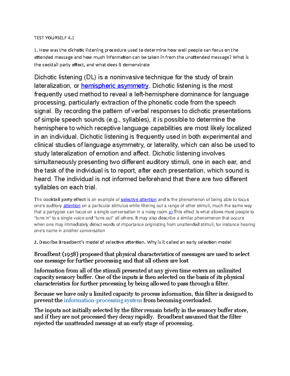 cognitive psychology goldstein chapter 4 -Attention - TEST YOURSELF 4 ...