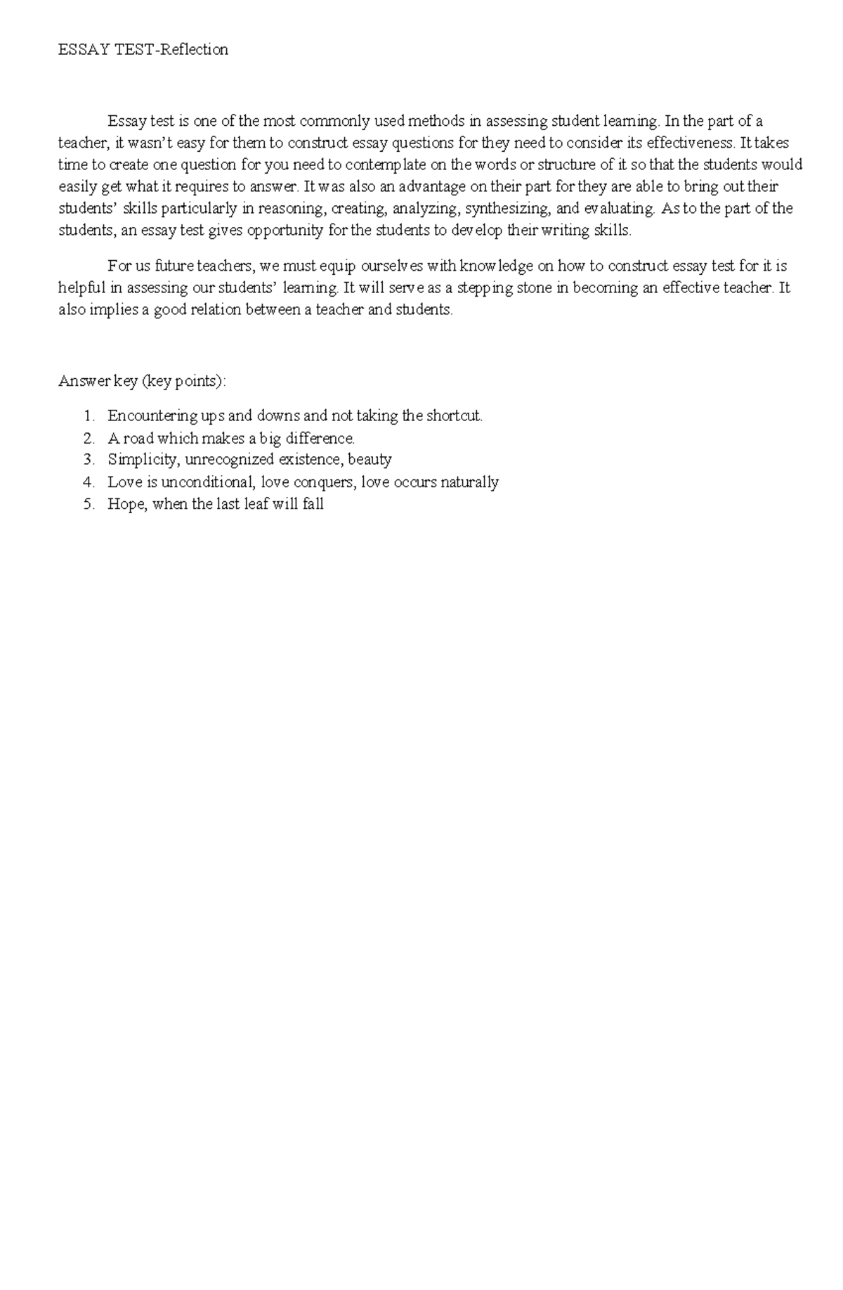 Essay TEST - ESSAY TEST-Reflection Essay test is one of the most ...